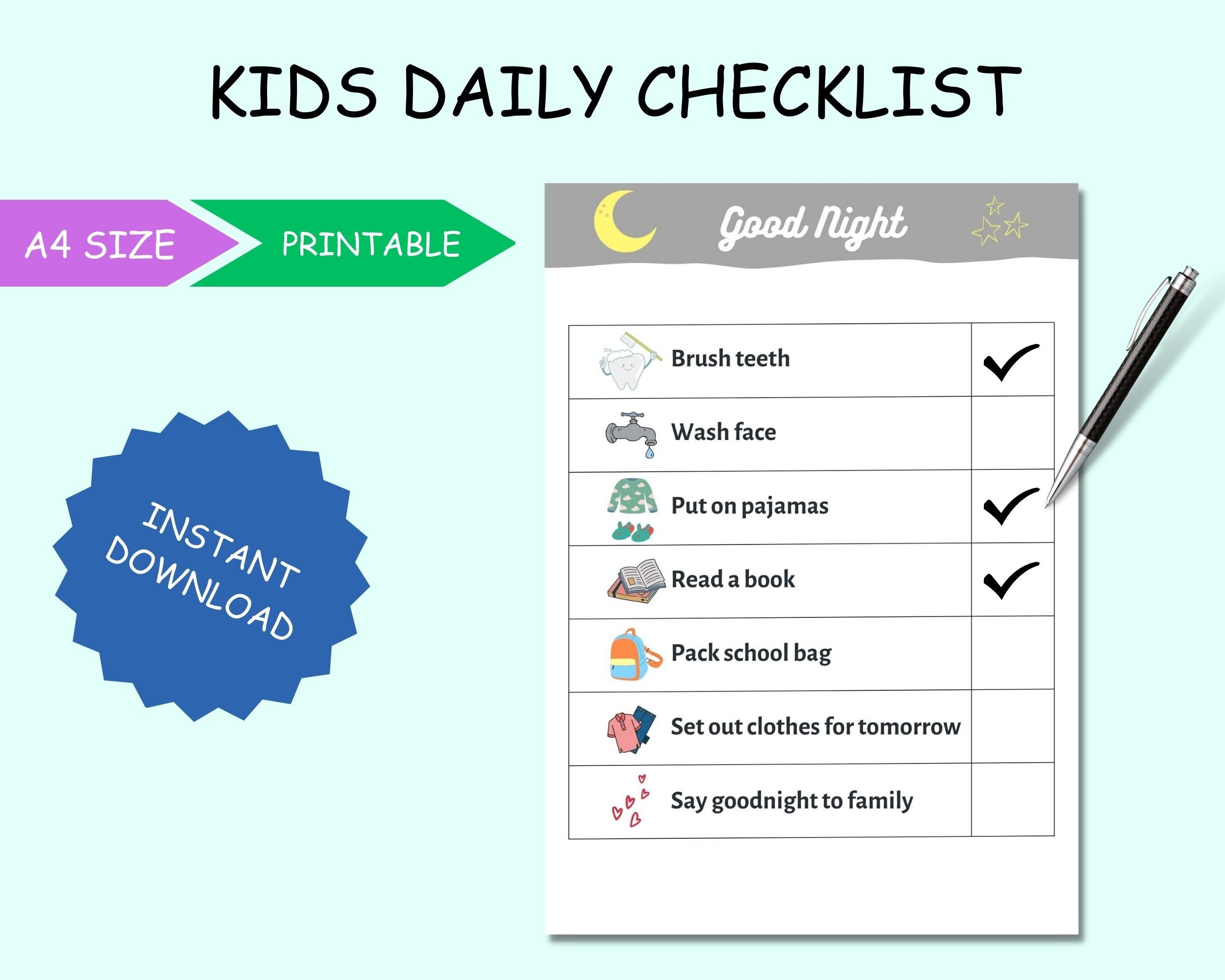 Set of Kids Daily Checklists A4 Size | Kids Checklist | Daily Checklist ...
