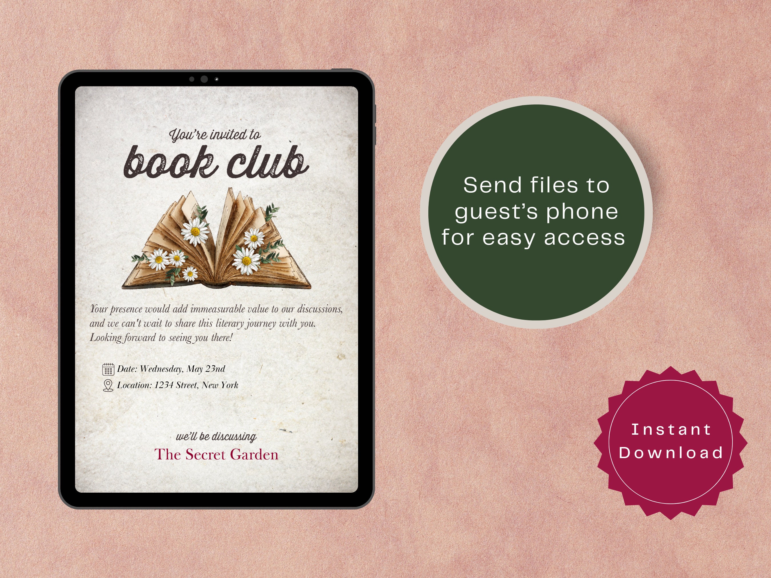 Editable Book Club Invitation Template | Digital Book Evite Instant ...