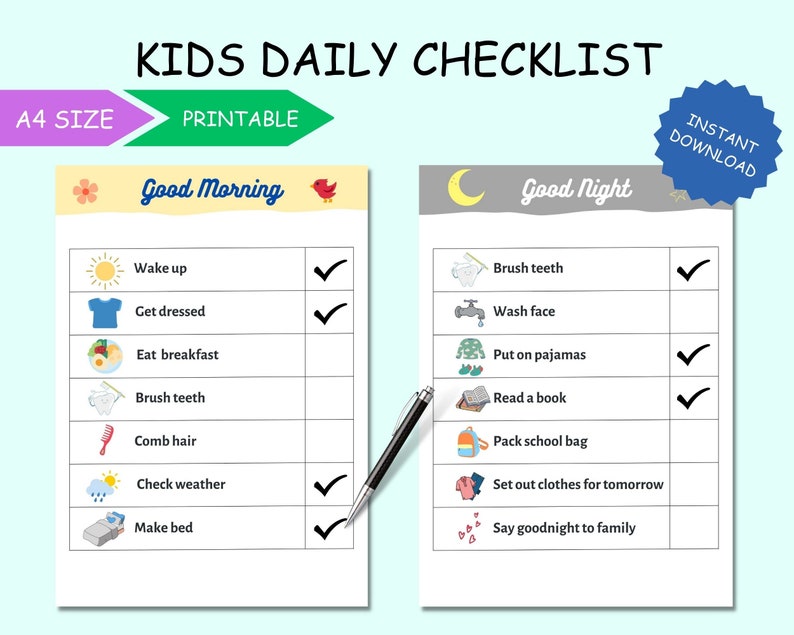 Set of Kids Daily Checklists A4 Size | Kids Checklist | Daily Checklist ...