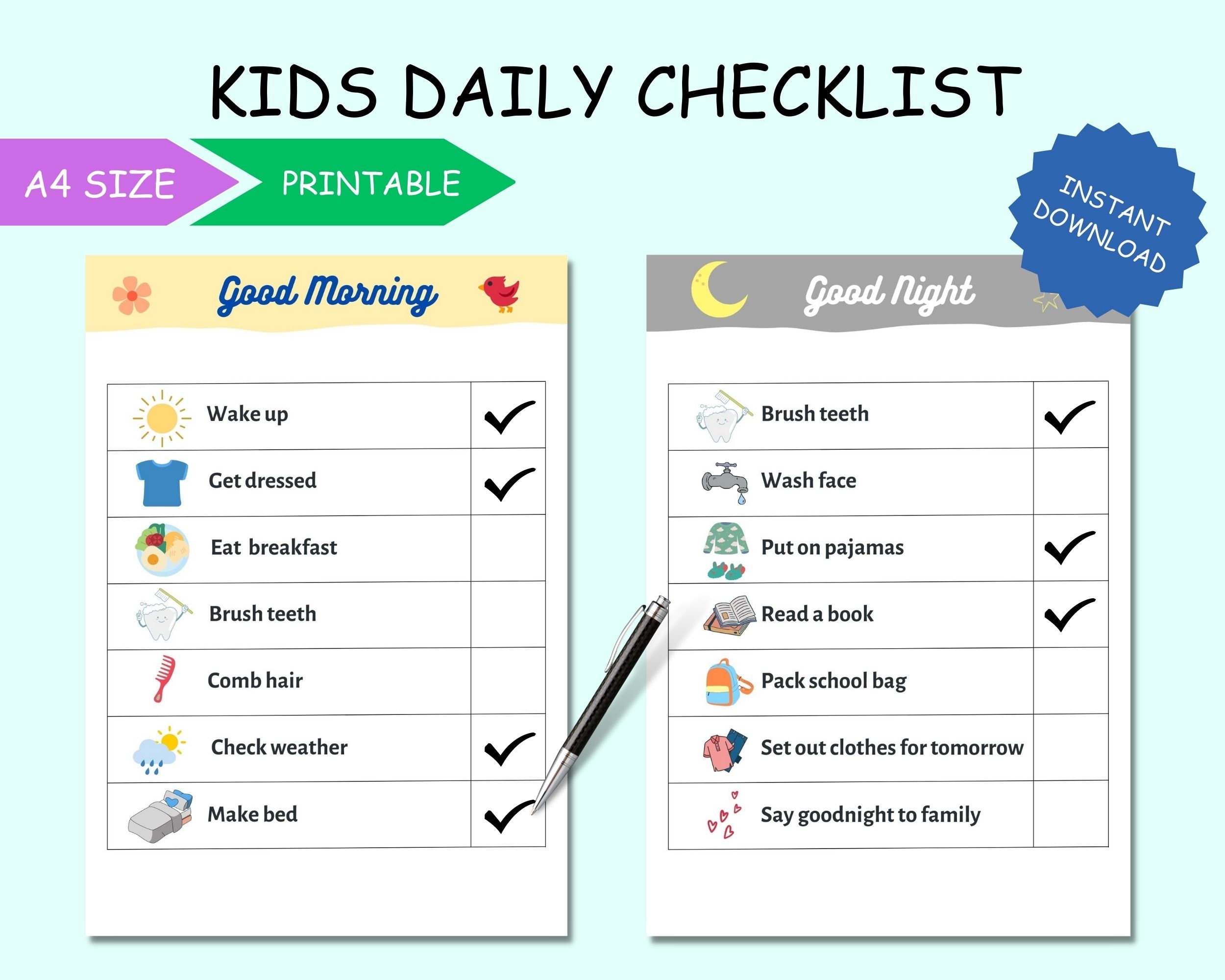 Set of Kids Daily Checklists A4 Size | Kids Checklist | Daily Checklist ...
