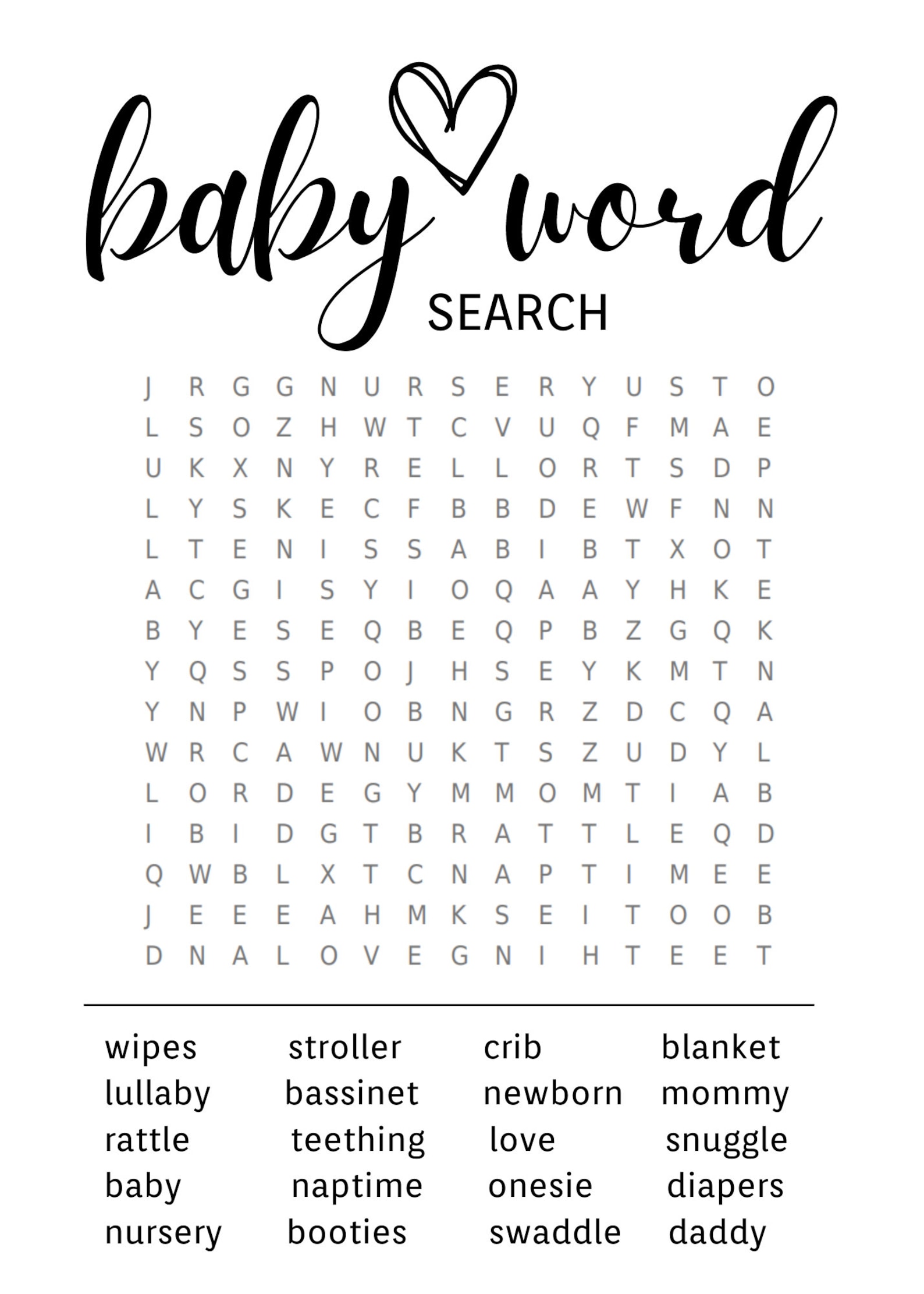 Baby Shower Word Search-printable Baby Shower Game-party Games-black ...