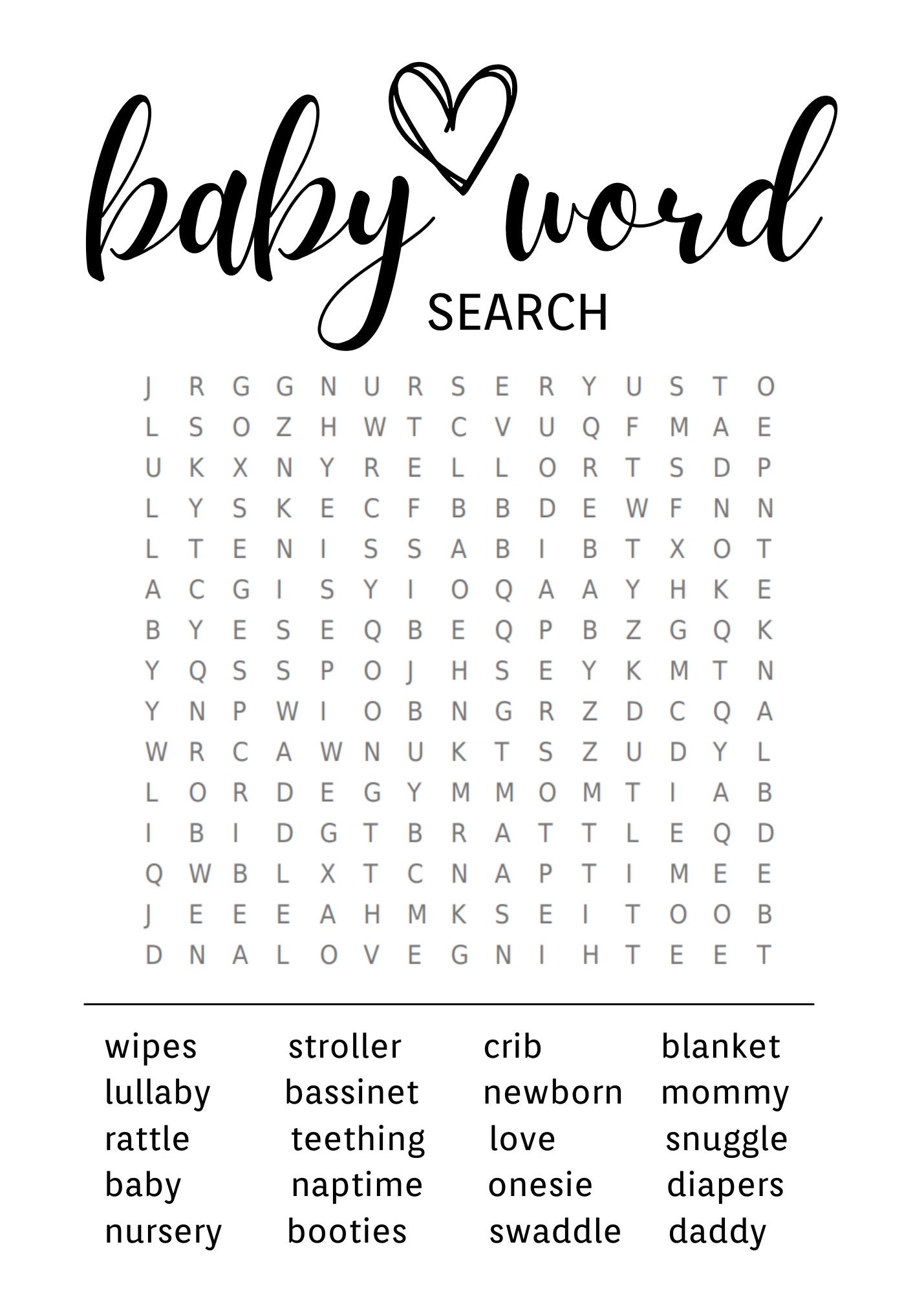 Baby Shower Word Search-printable Baby Shower Game-party Games-black ...
