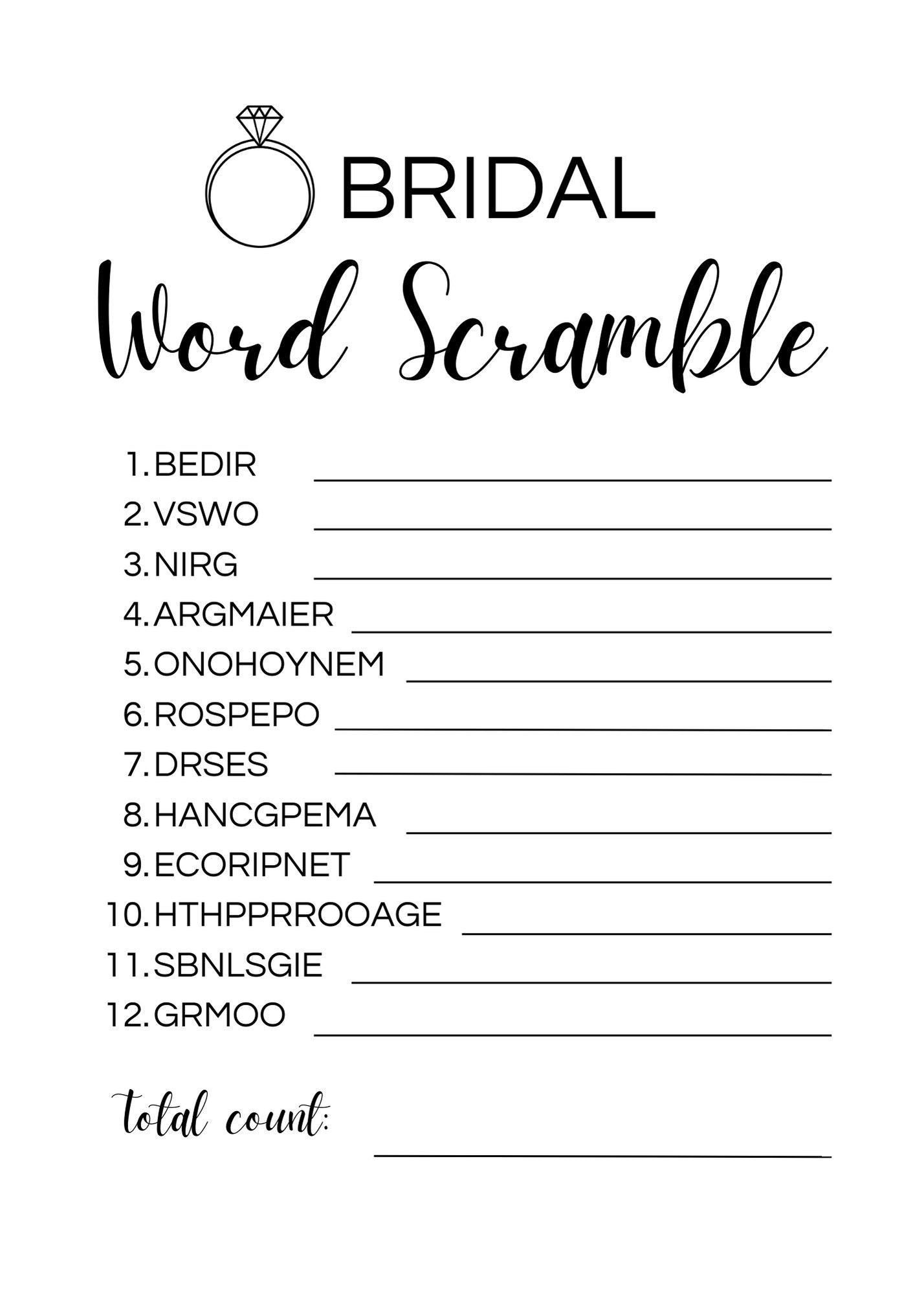 Bridal Shower Wedding Word Scramble-printable Bridal Shower Game-party ...