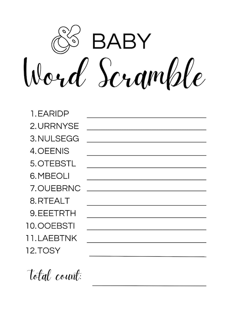 Baby Shower Word Scramble-printable Baby Shower Game-party Games-black ...