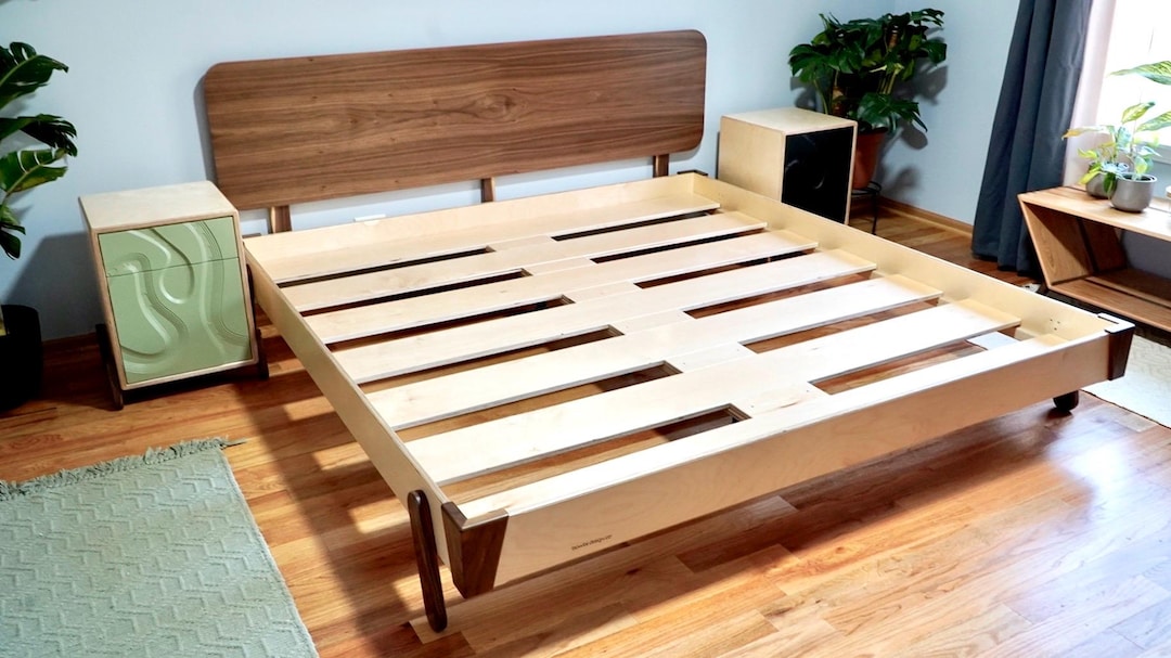 Minimalist Bed Frame • Baltic Birch Bed Frame With Walnut Headboard - Etsy