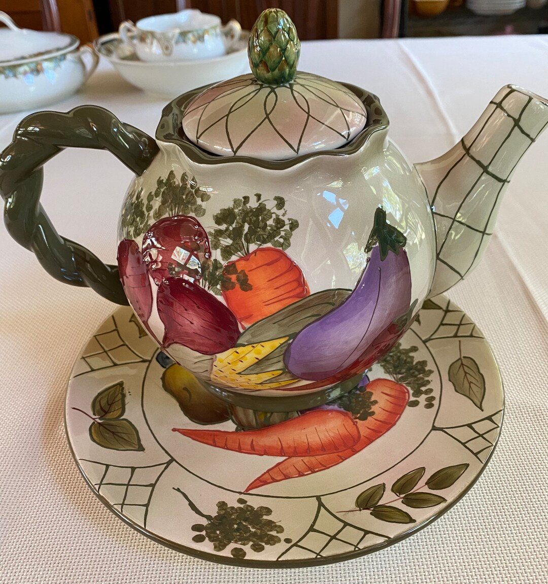 Pacific Rim Hand-painted Fruit/vegetable Teapot With Plate - Etsy