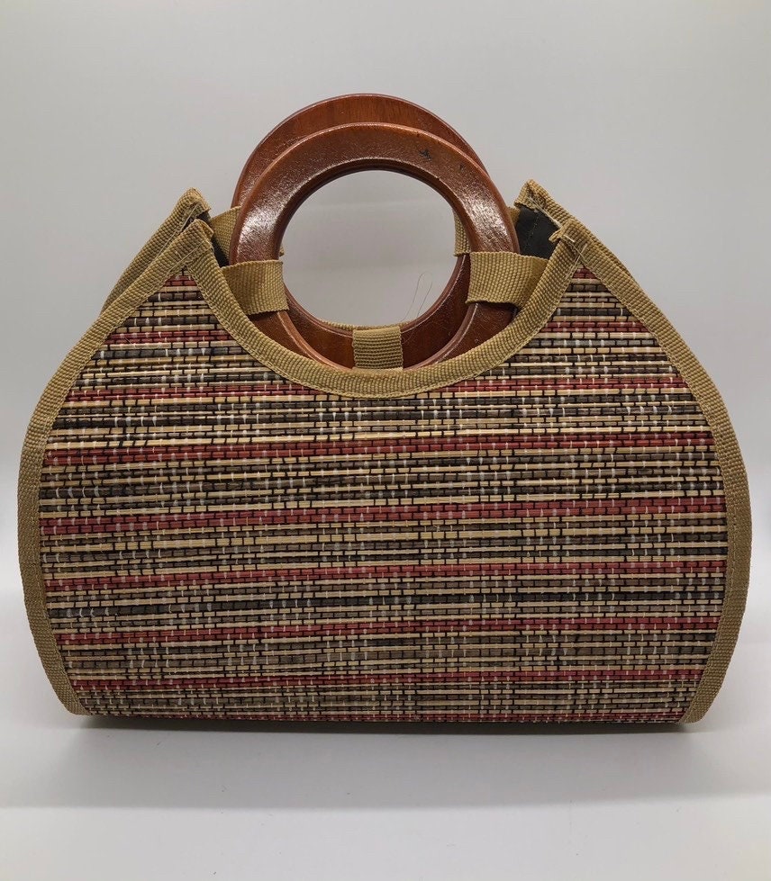 Vintage Mutit-color Woven Straw Flower Handbag With Wood Handle and ...