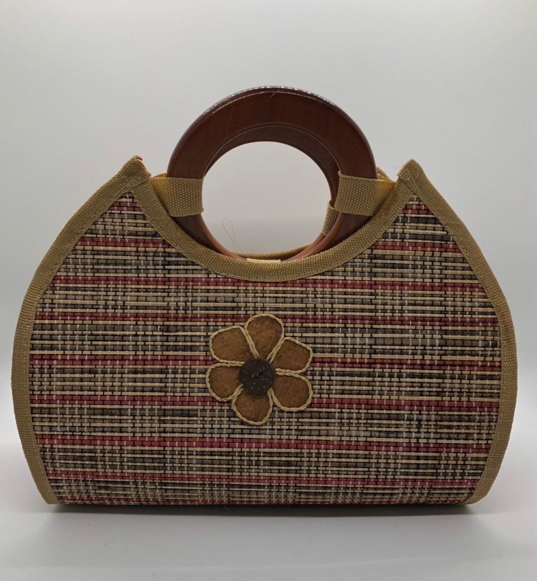 Vintage Mutit-color Woven Straw Flower Handbag With Wood Handle and ...
