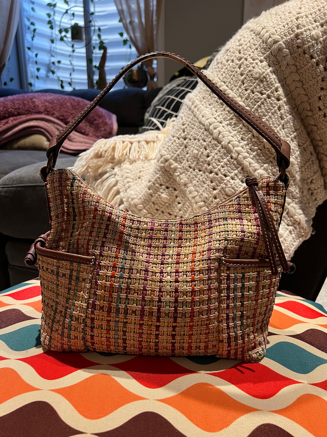 Fossil 1954 Zippered Multicolor Straw Woven Handbag With Leather Trim ...