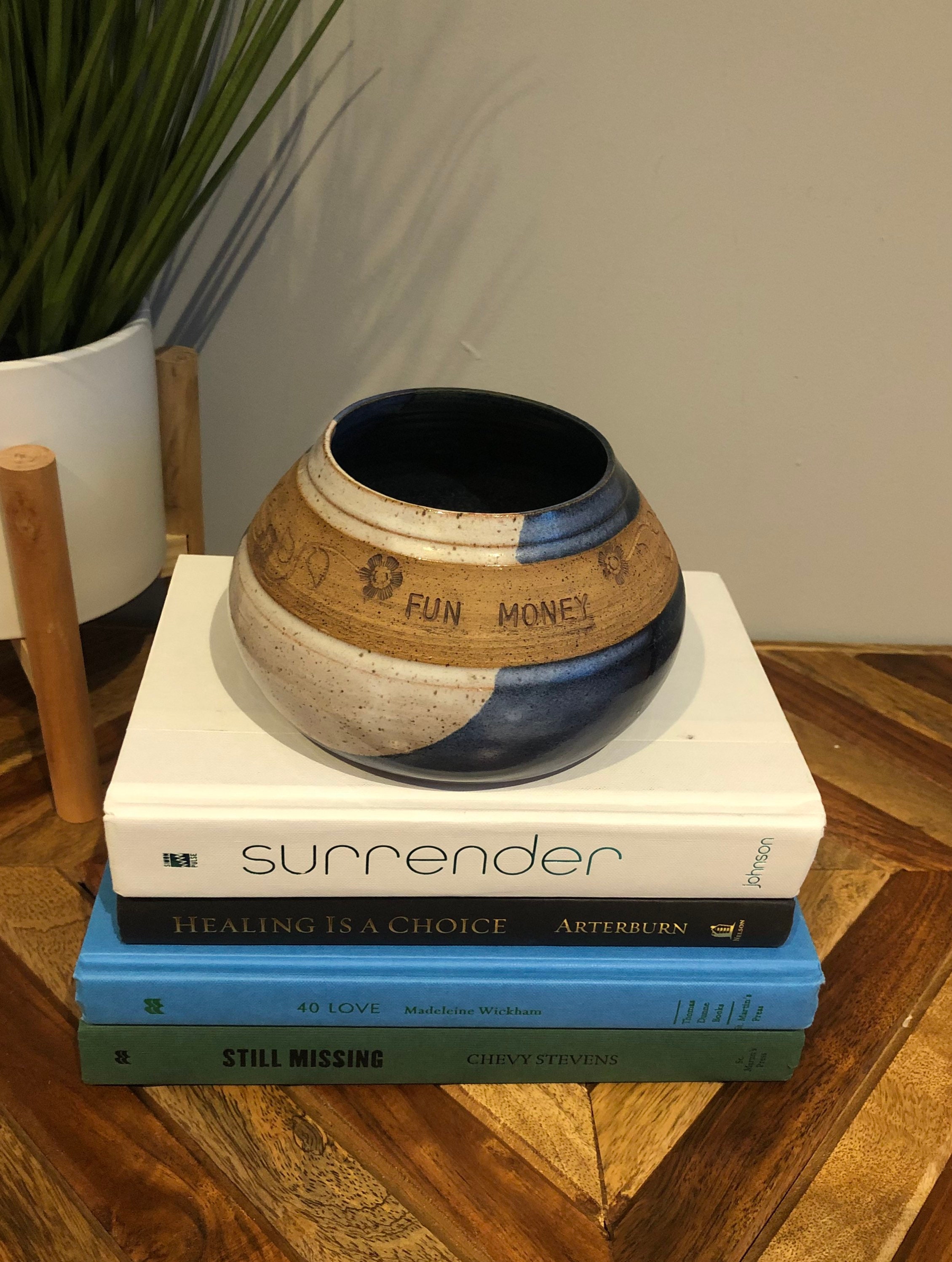 Fun Money Pottery Pot With Etched Flower Detail - Etsy