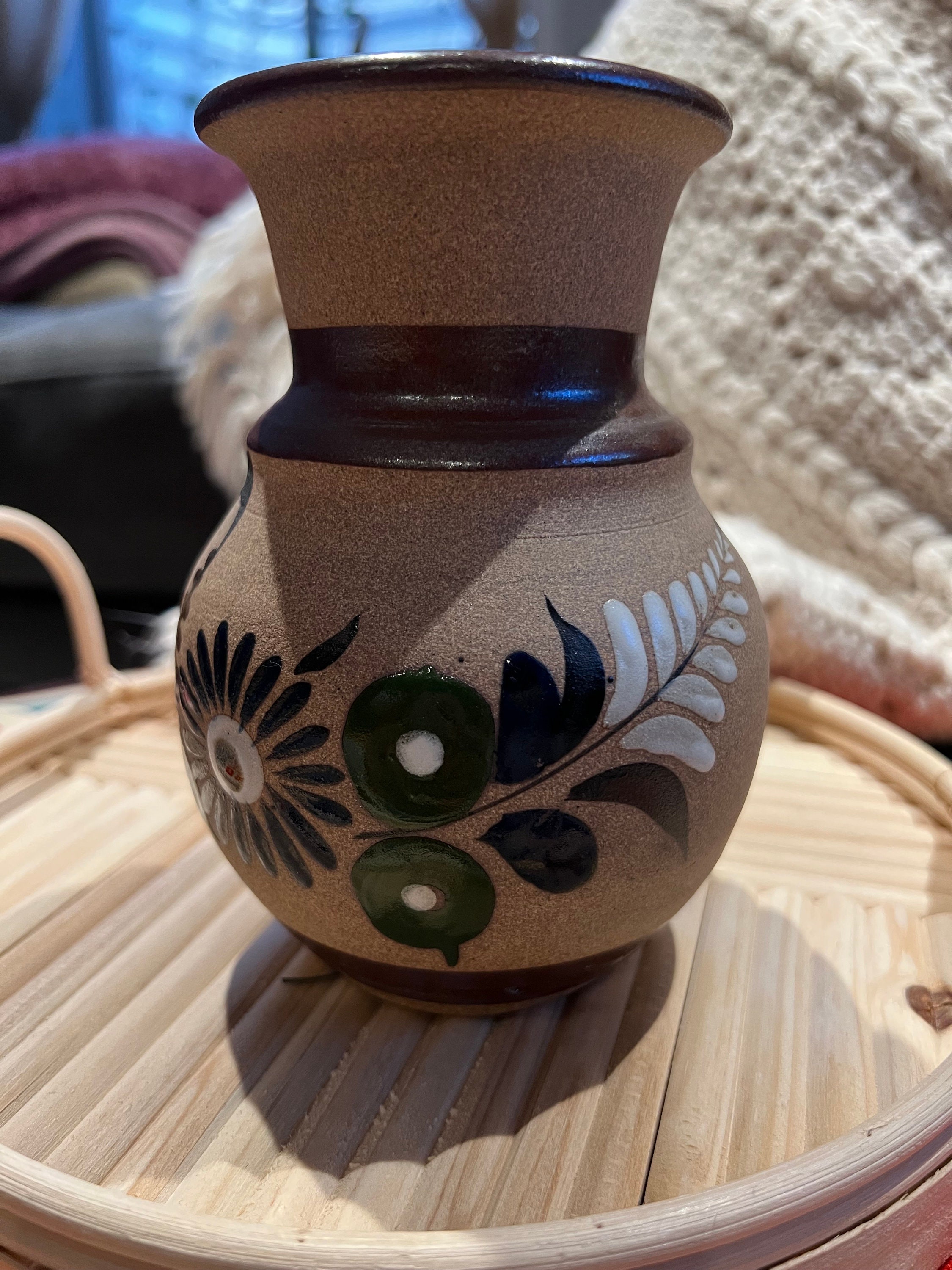 Vintage Mexican Sandstone Pottery Vase, Blue Daisy Flower, 6” Tall - Etsy