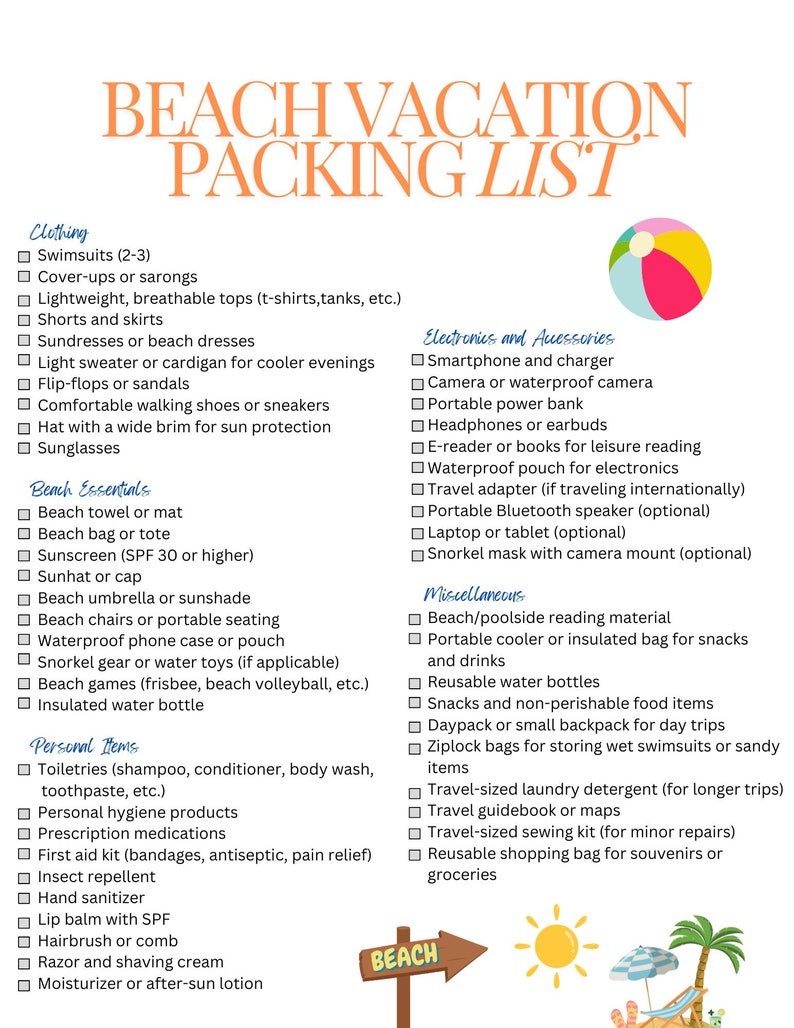 Beach Vacation Packing List - Etsy