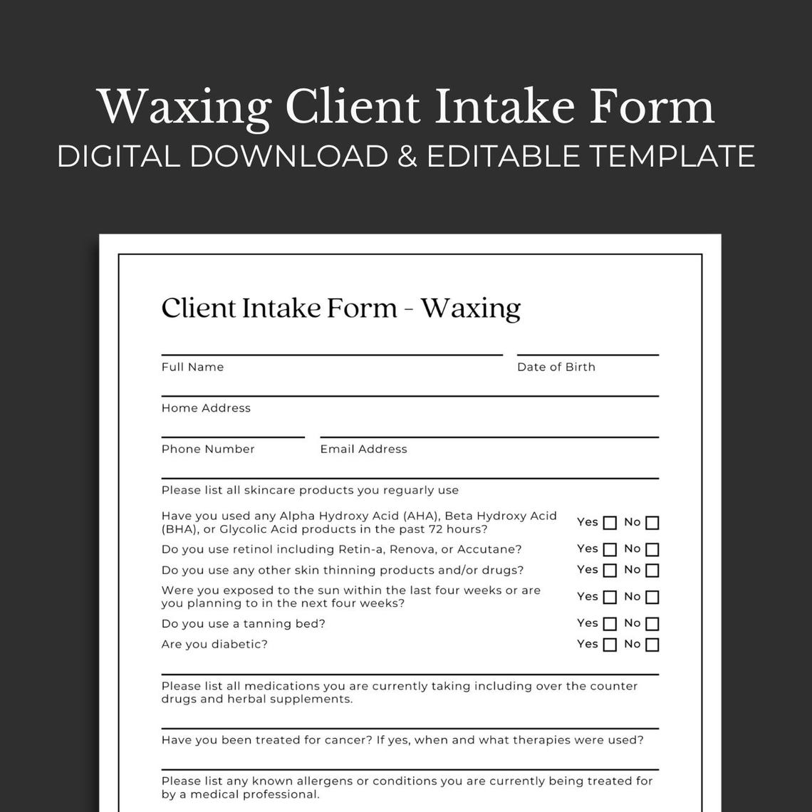 Minimalistic Waxing Client Intake Form For Estheticians Digital