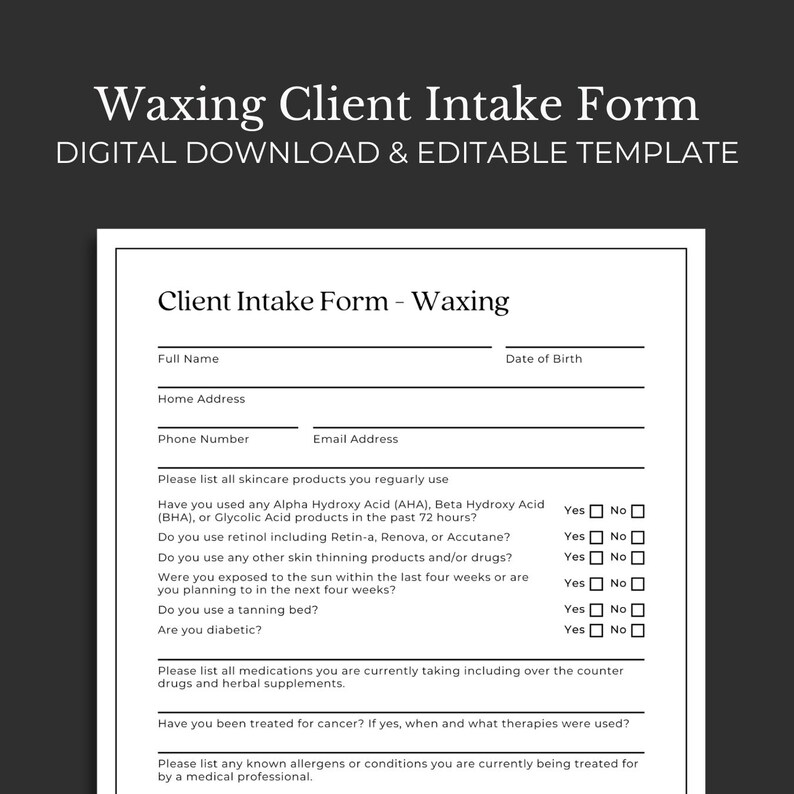 Minimalistic Waxing Client Intake Form for Estheticians Digital ...