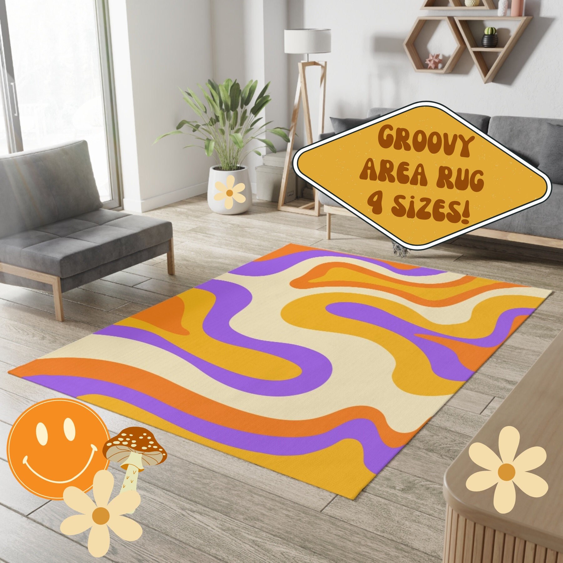 Groovy 70s Area Rug, Retro Dorm Room, Vintage Rug, 70s Home Decor, Wavy ...