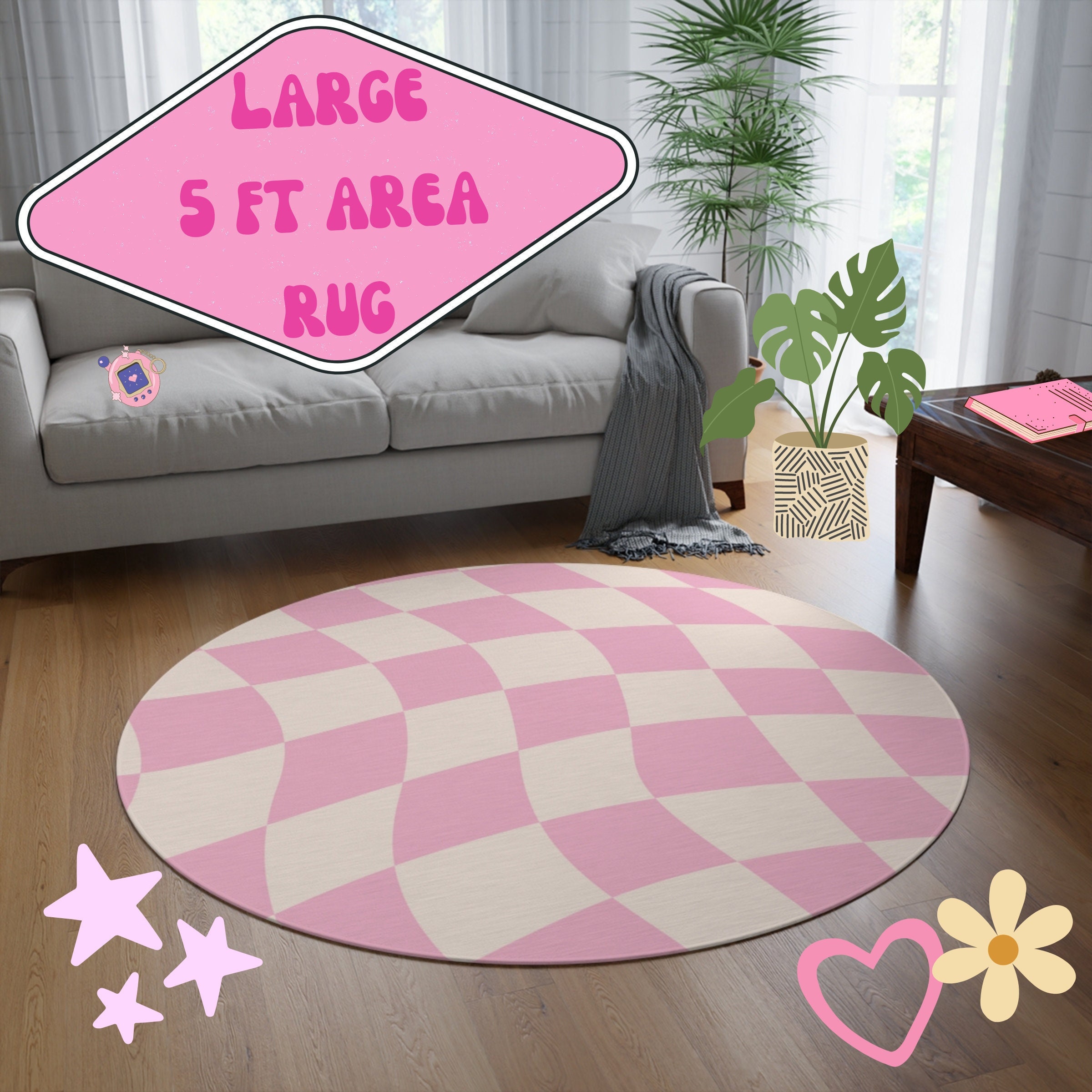 Large Groovy Pink Checkered Rug, Barbiecore Aesthetic, Retro Area Rug ...