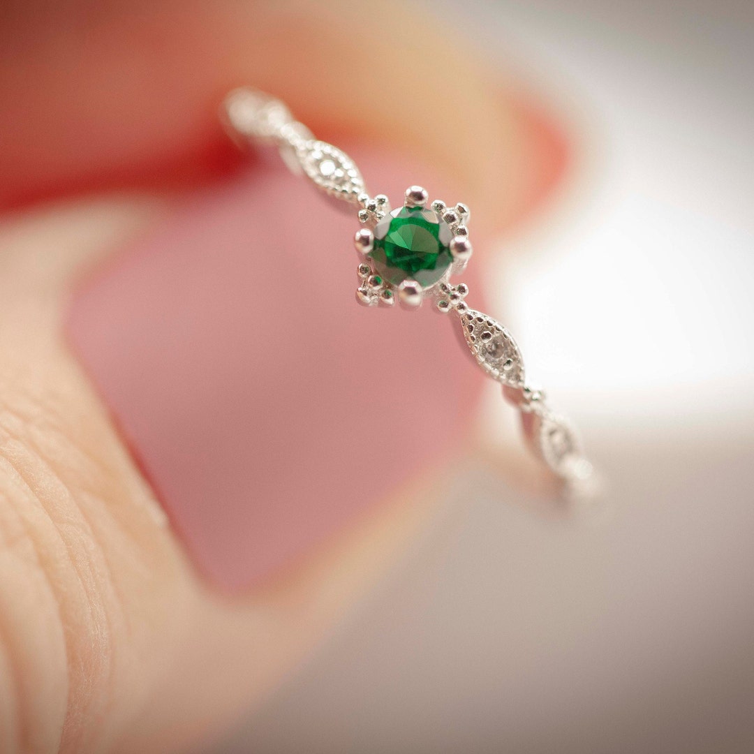 14K Gold Zircon Emerald Ring, 925 Sterling Silver Ring, Green Stone ...