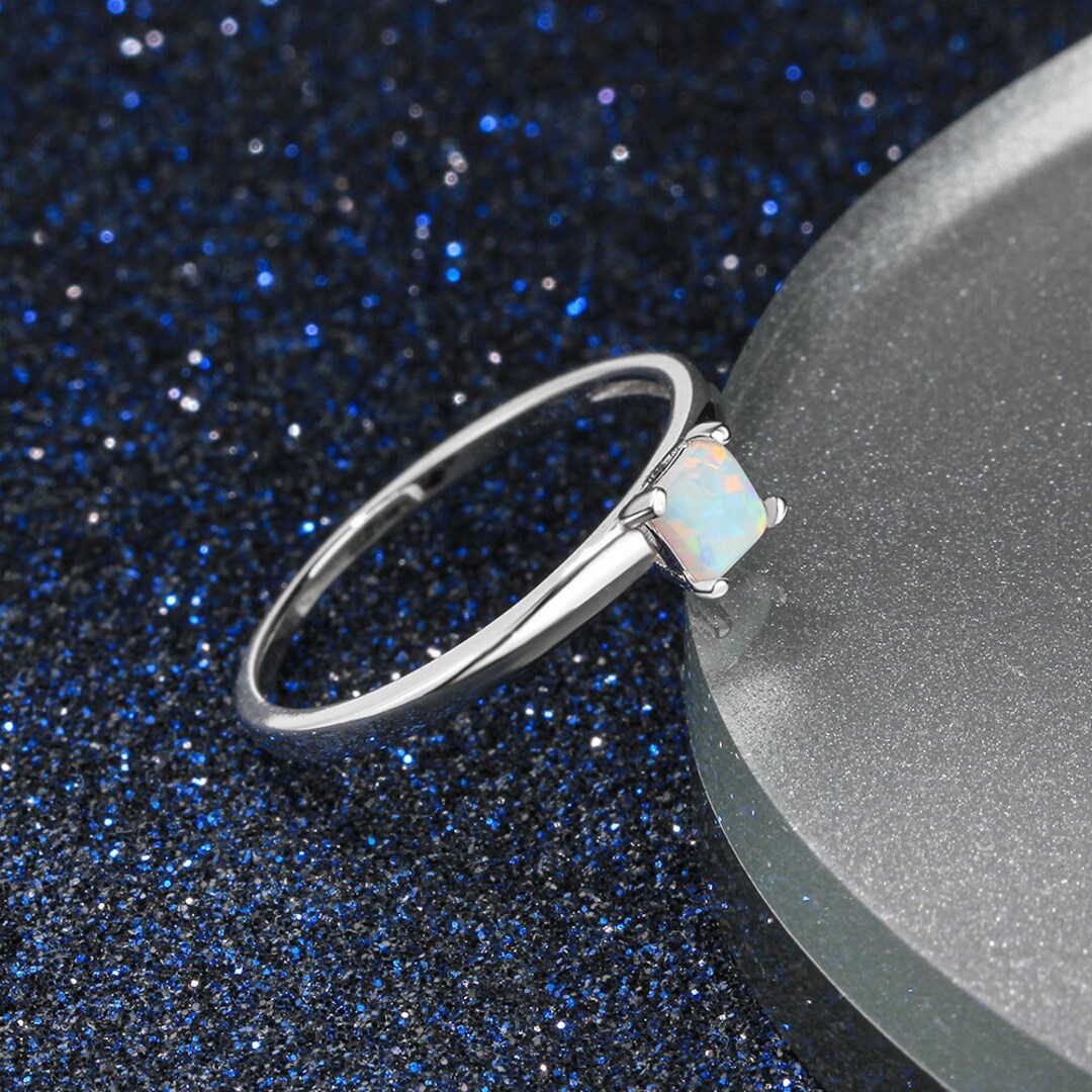 Opal Ring, Square Opal Ring, Silver Opal Ring, Blue Opal Ring, White ...