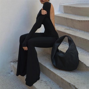 Black Backless Jumpsuit for Women Flare Pant Romper Black One Piece ...