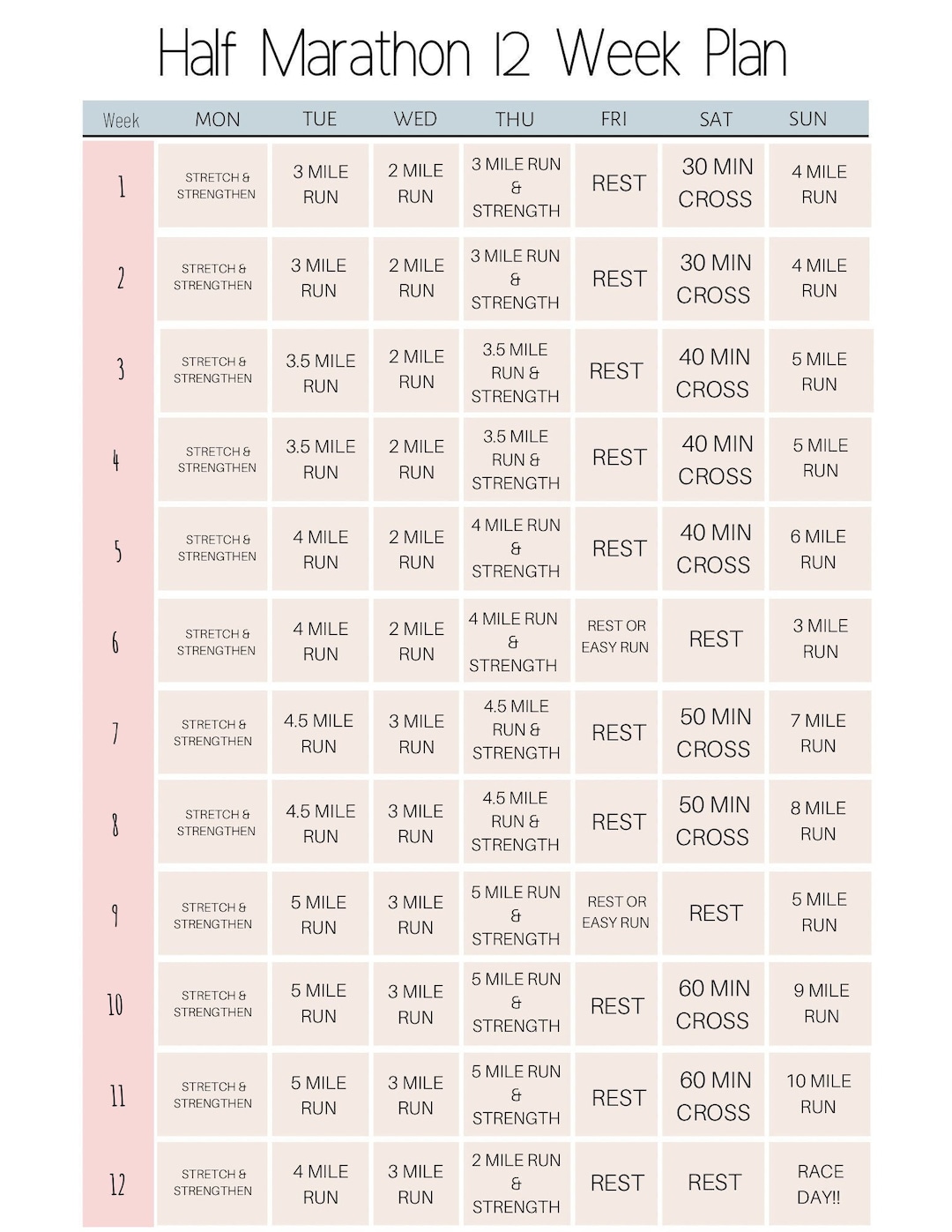 Half Marathon 12 Week Plan | Digital - Etsy