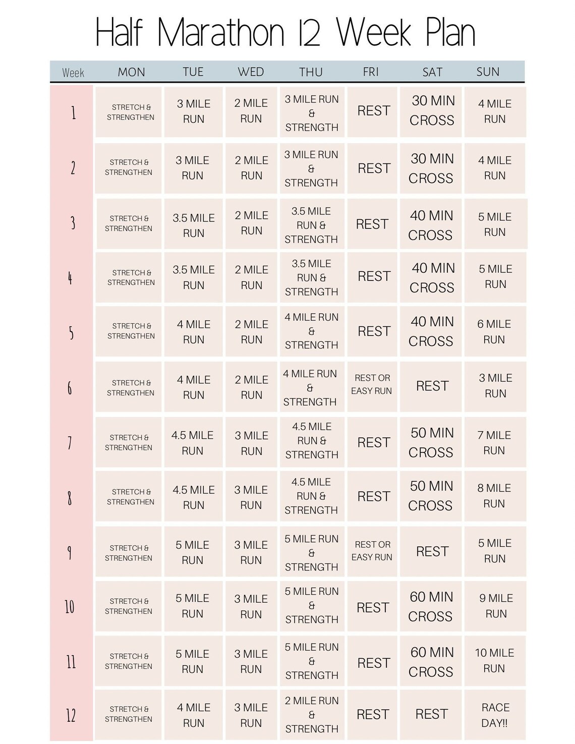 Half Marathon 12 Week Plan | Digital Printable PDF - Etsy UK
