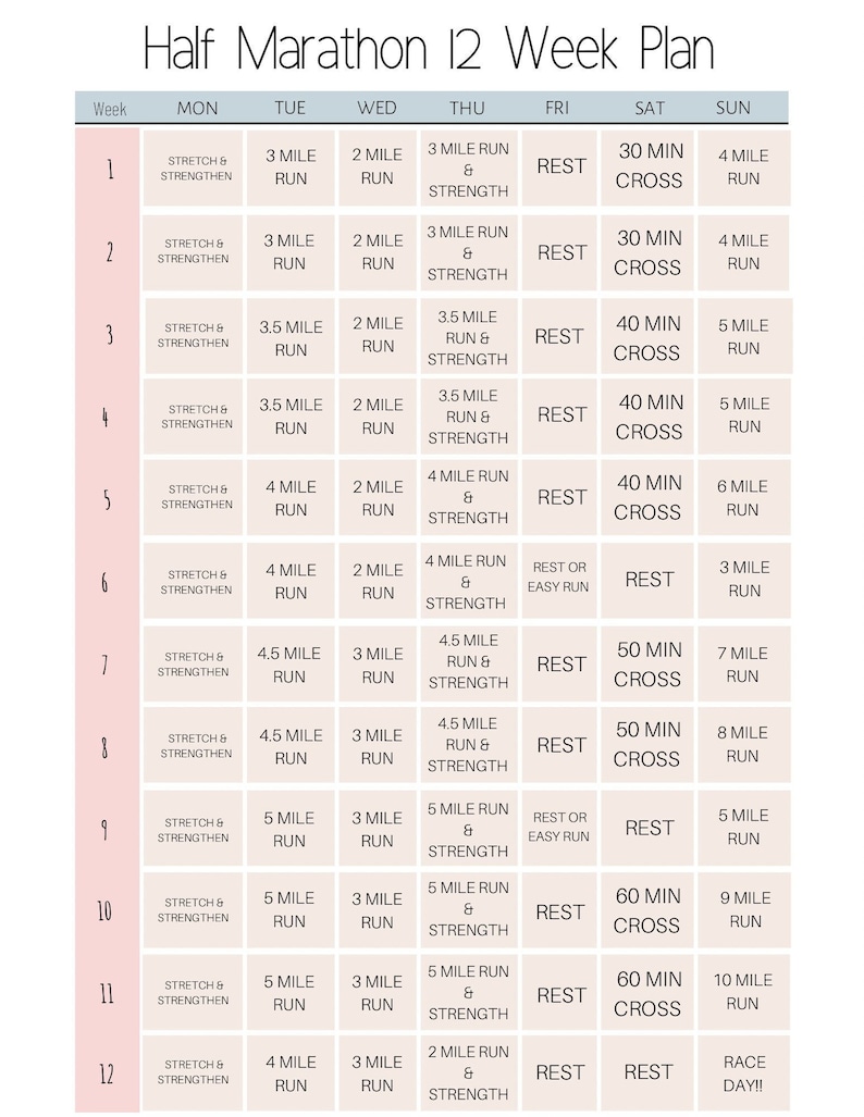 Half Marathon 12 Week Plan | Digital - Etsy