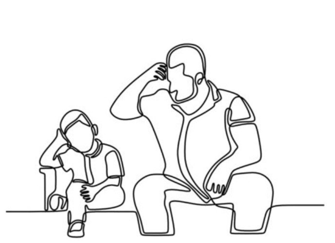Continuous Line Drawing of Father and Son Sit and Talk. Daddy and His ...
