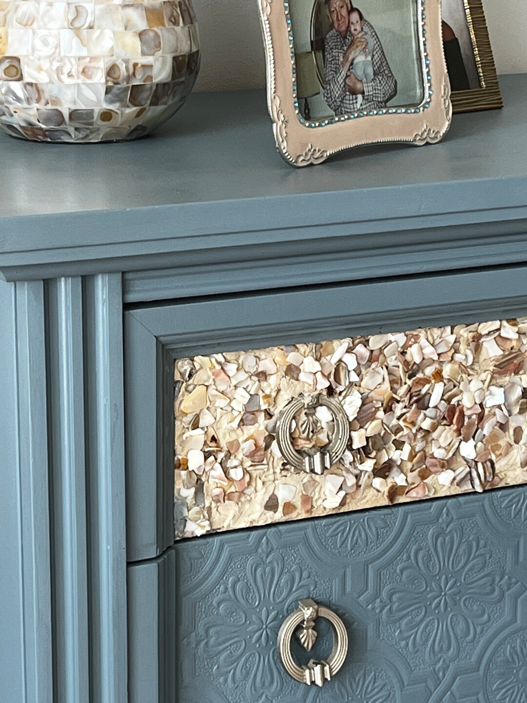 SOLD Blue Coastal//beachy//beach Dresser With Shell and Wallpaper ...