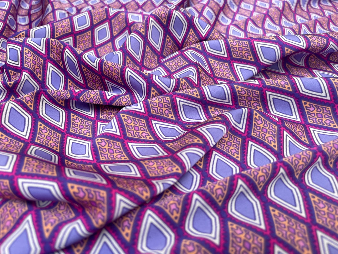 Purple and Pink Diamond Border Print Silky Faux Silk Charmeuse Satin ...