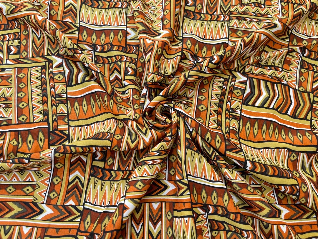 Orange and Brown Tribal Aztec Print Silky Peachskin Fabric Sold by the ...