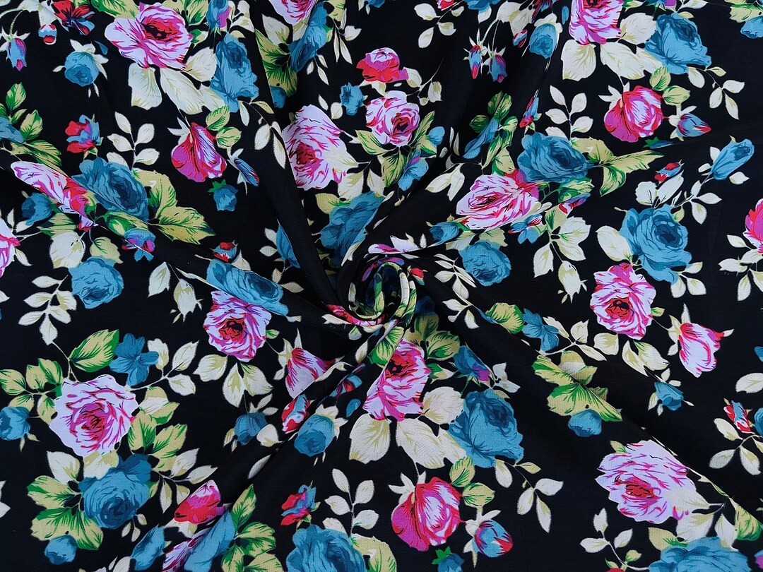 Pink and Blue Roses Print Silky Peachskin Fabric Sold by - Etsy