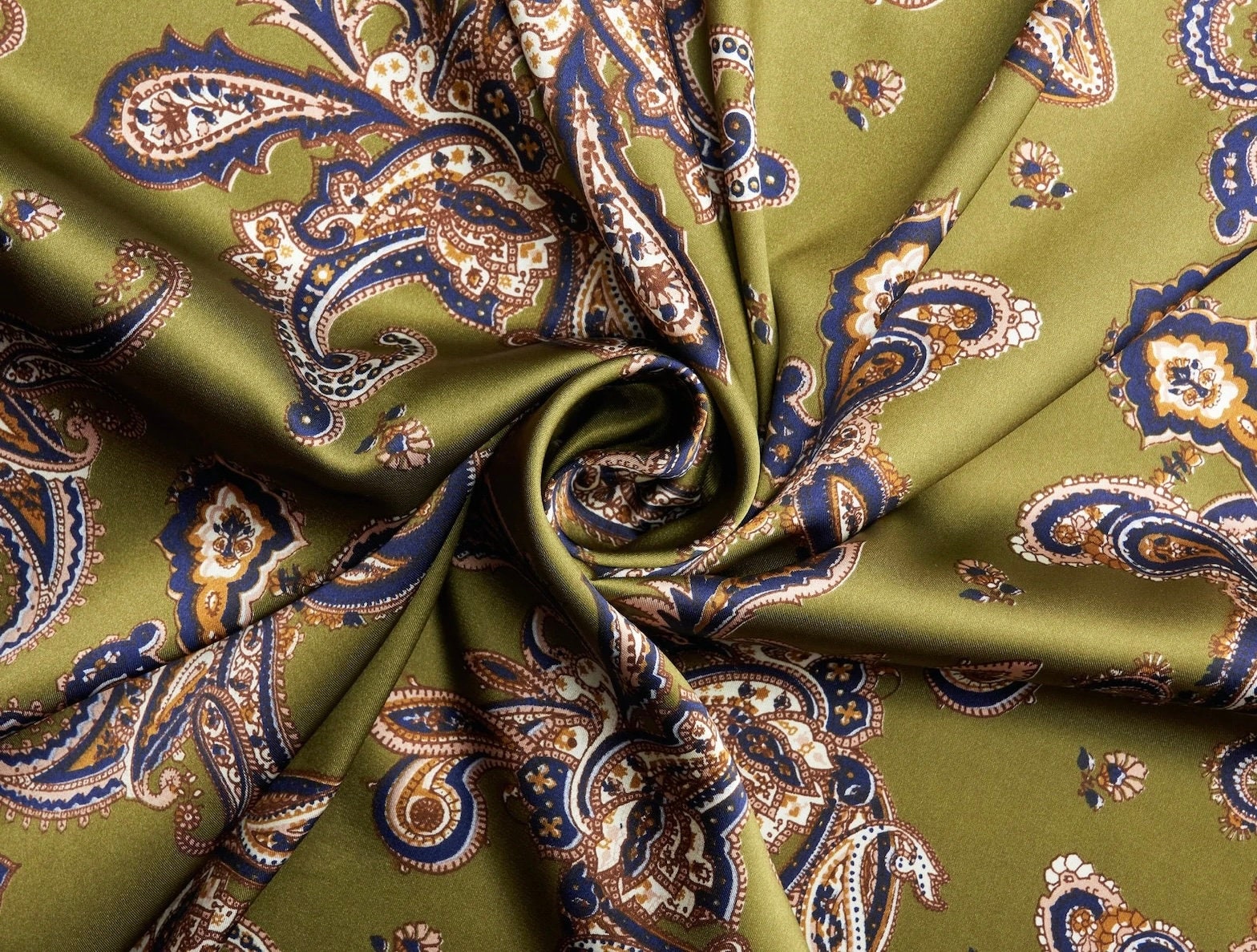Olive Green and Blue Classic Paisley Print Silky Satin - Etsy