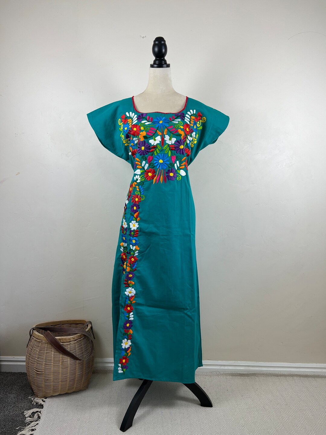 Artisanal Mexican Long Dress, Embroidery Split Thigh Dress, Hand Made ...