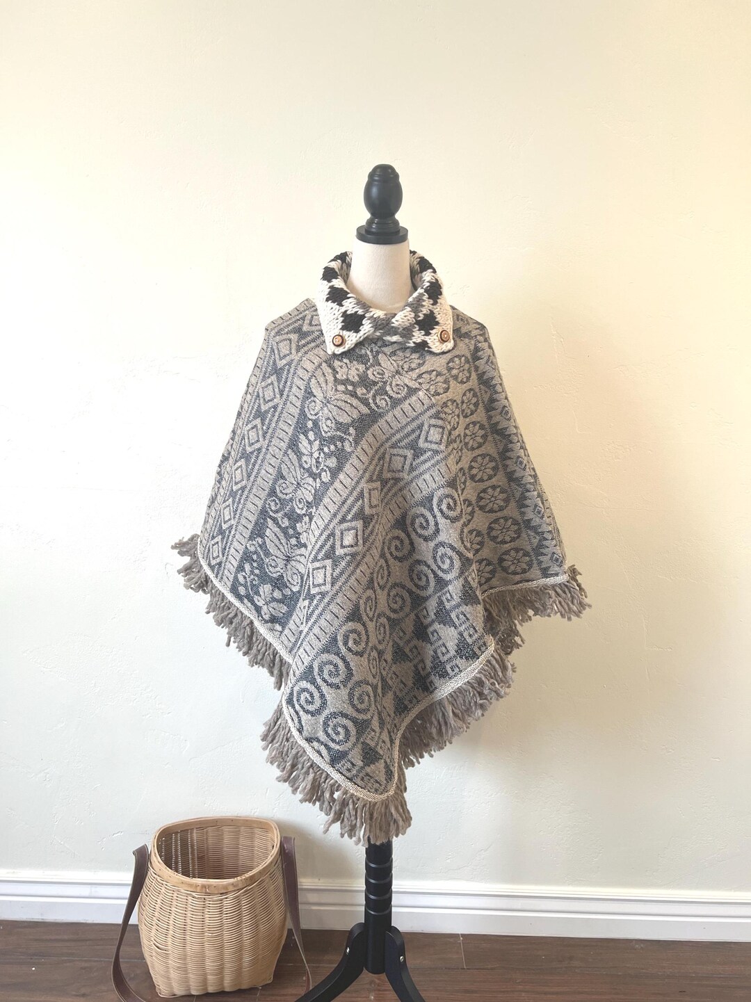 Mexican Wool Poncho Cape, Gray and Dark Blue, Design With Fringe Hem - Etsy