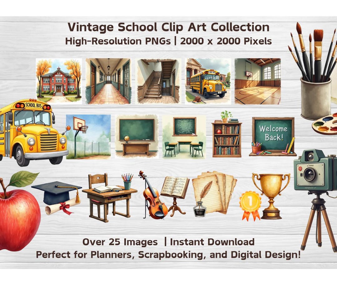 Vintage School Clip Art Collection | Back to School | High-resolution ...