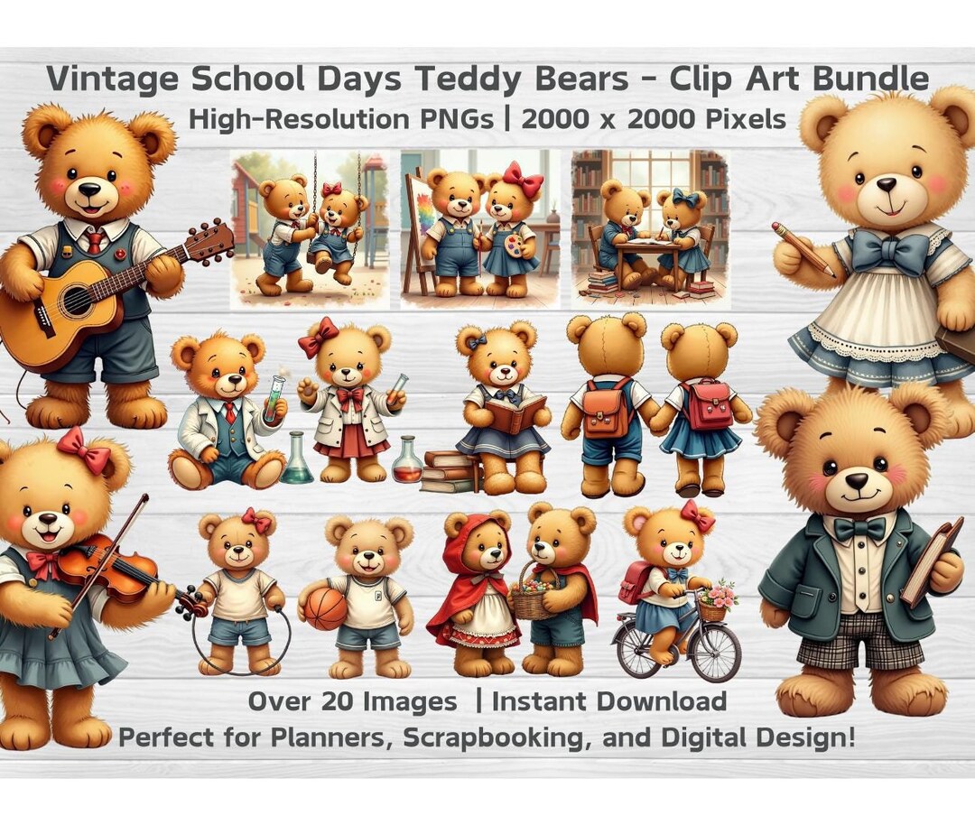 Vintage School Days Teddy Bears Clip Art Bundle | High-resolution Pngs ...