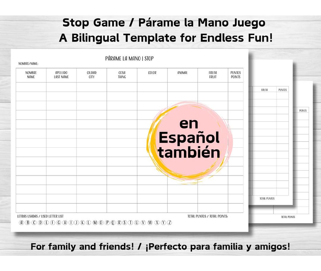 Bilingual Stop Game Template: English & Spanish Printable (PDF) - Etsy