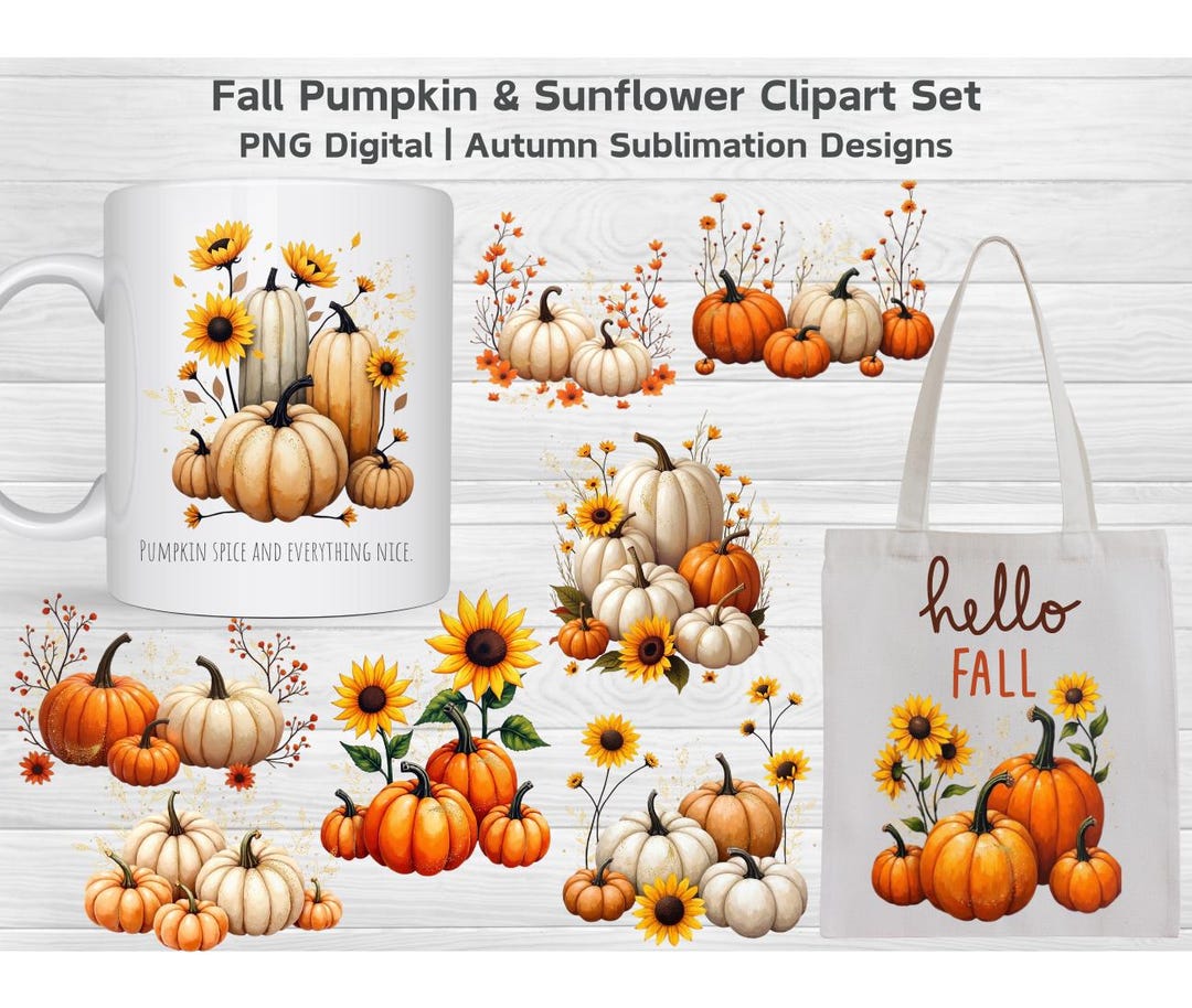 Fall Pumpkin & Sunflower Clipart, Autumn PNG Sublimation Designs ...
