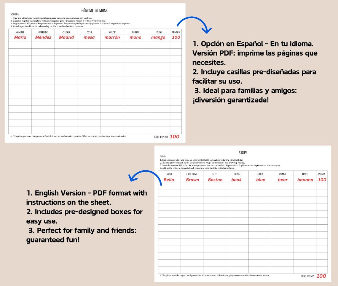 Bilingual Stop Game Template: English & Spanish Printable (PDF) - Etsy