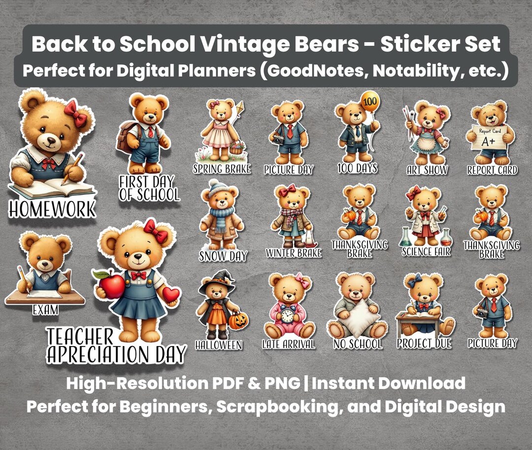 Back to School Vintage Bears - Sticker Set | Perfect for Digital ...