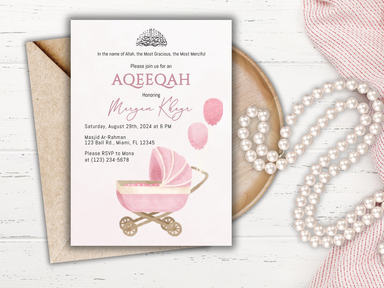 Baby Girl Aqeeqah Invitation, Muslim Baby Shower Evite Islamic Baby ...
