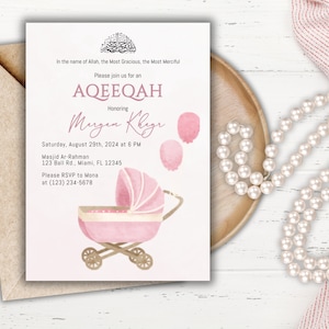 Baby Girl Aqeeqah Invitation, Muslim Baby Shower Evite Islamic Baby ...