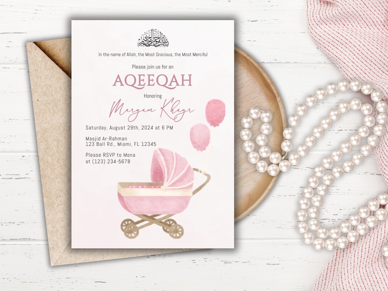 Baby Girl Aqeeqah Invitation, Muslim Baby Shower Evite Islamic Baby ...