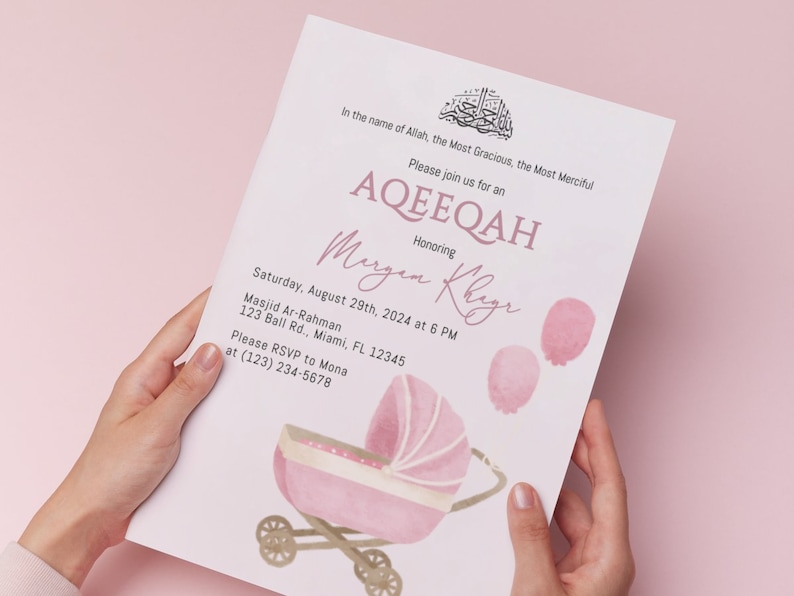 Baby Girl Aqeeqah Invitation, Muslim Baby Shower Evite Islamic Baby ...