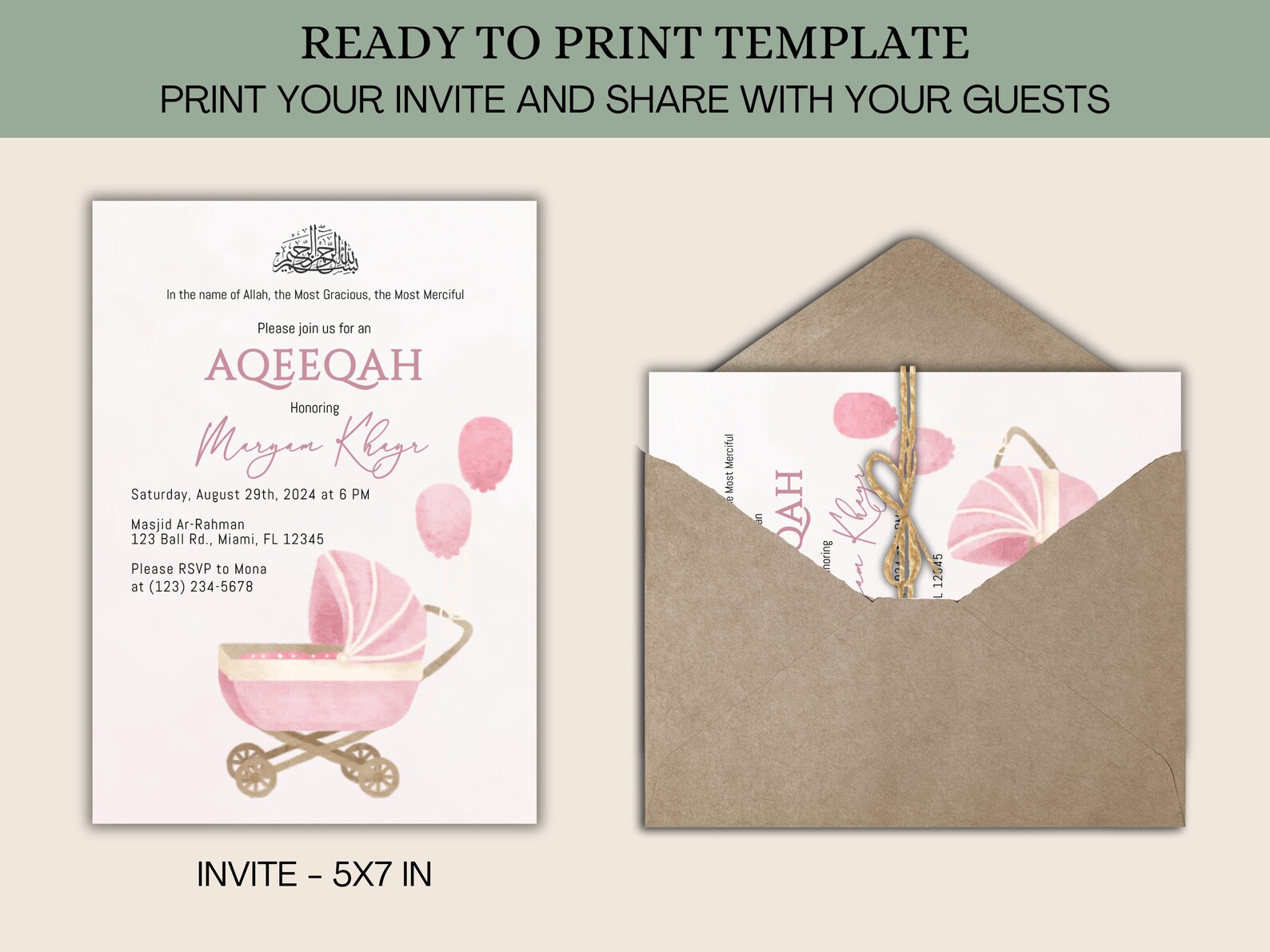 Baby Girl Aqeeqah Invitation, Muslim Baby Shower Evite Islamic Baby ...