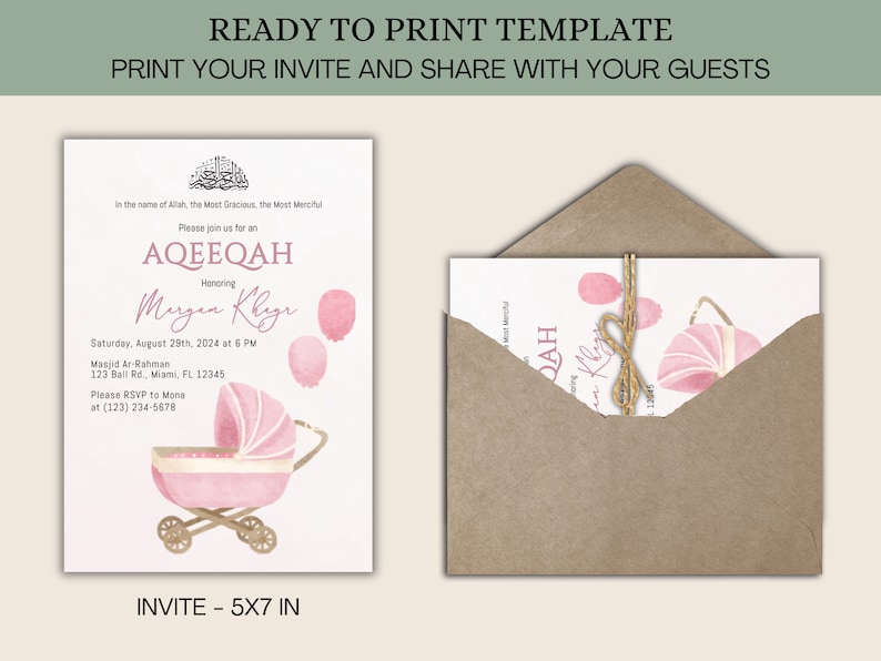 Baby Girl Aqeeqah Invitation, Muslim Baby Shower Evite Islamic Baby ...