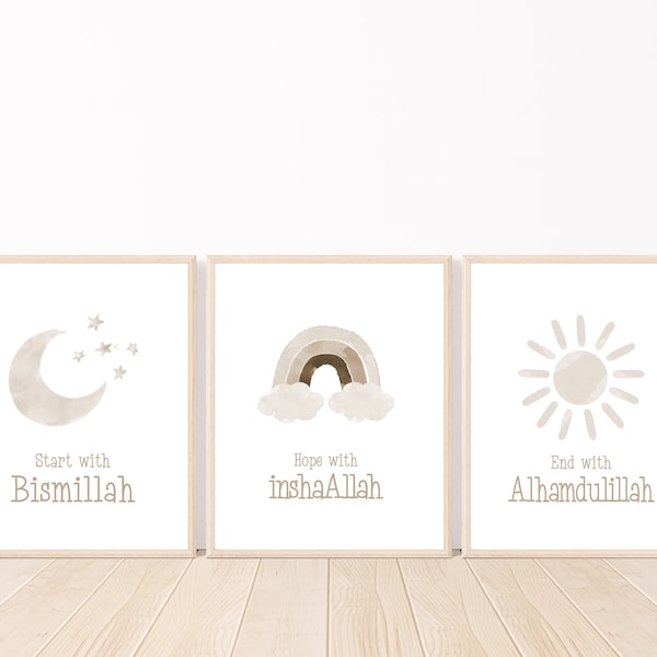 Neutral Set of 3 Kids Islamic Wall Art, Start With Bismillah, Muslim ...