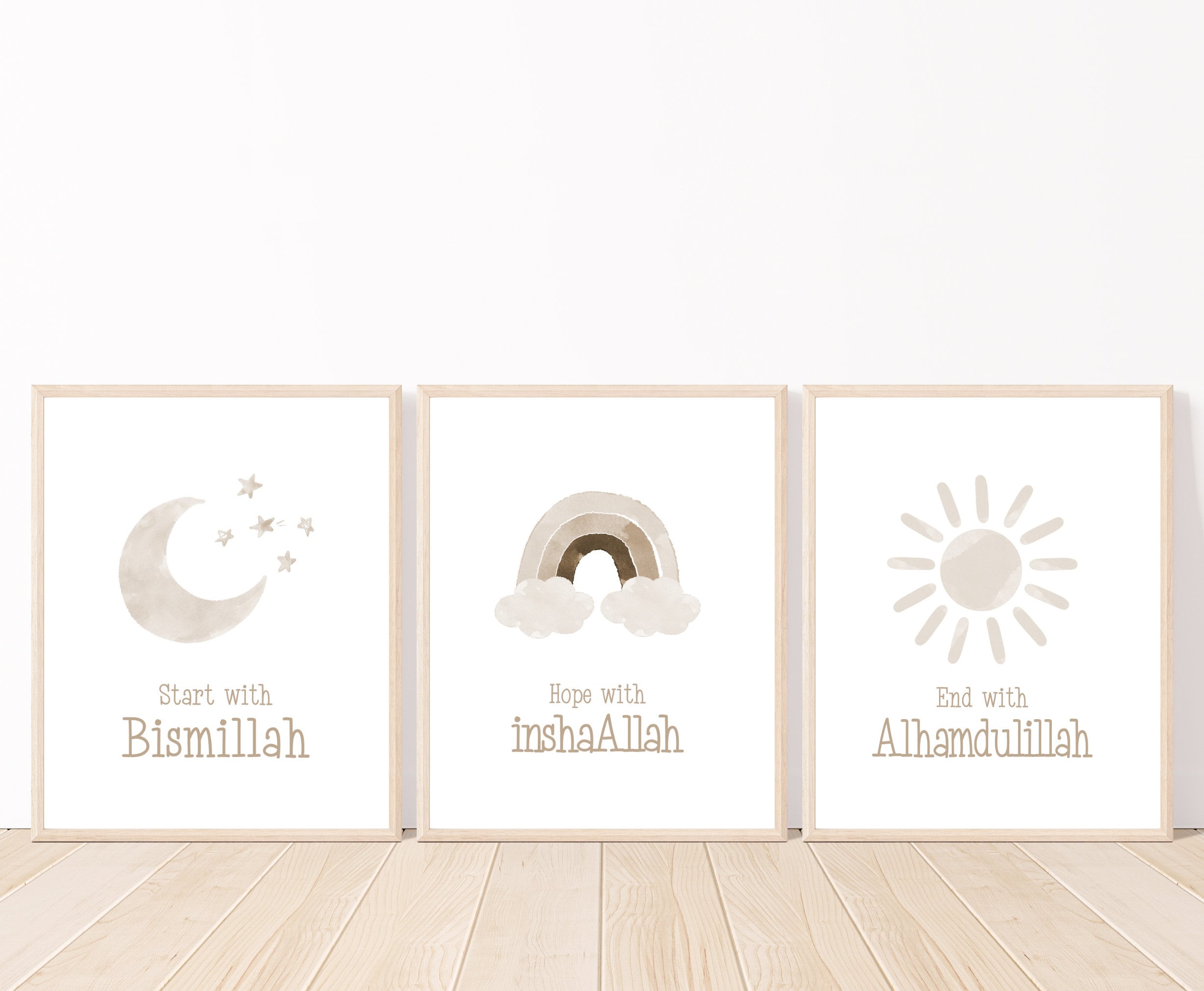 Neutral Set of 3 Kids Islamic Wall Art, Start With Bismillah, Muslim ...