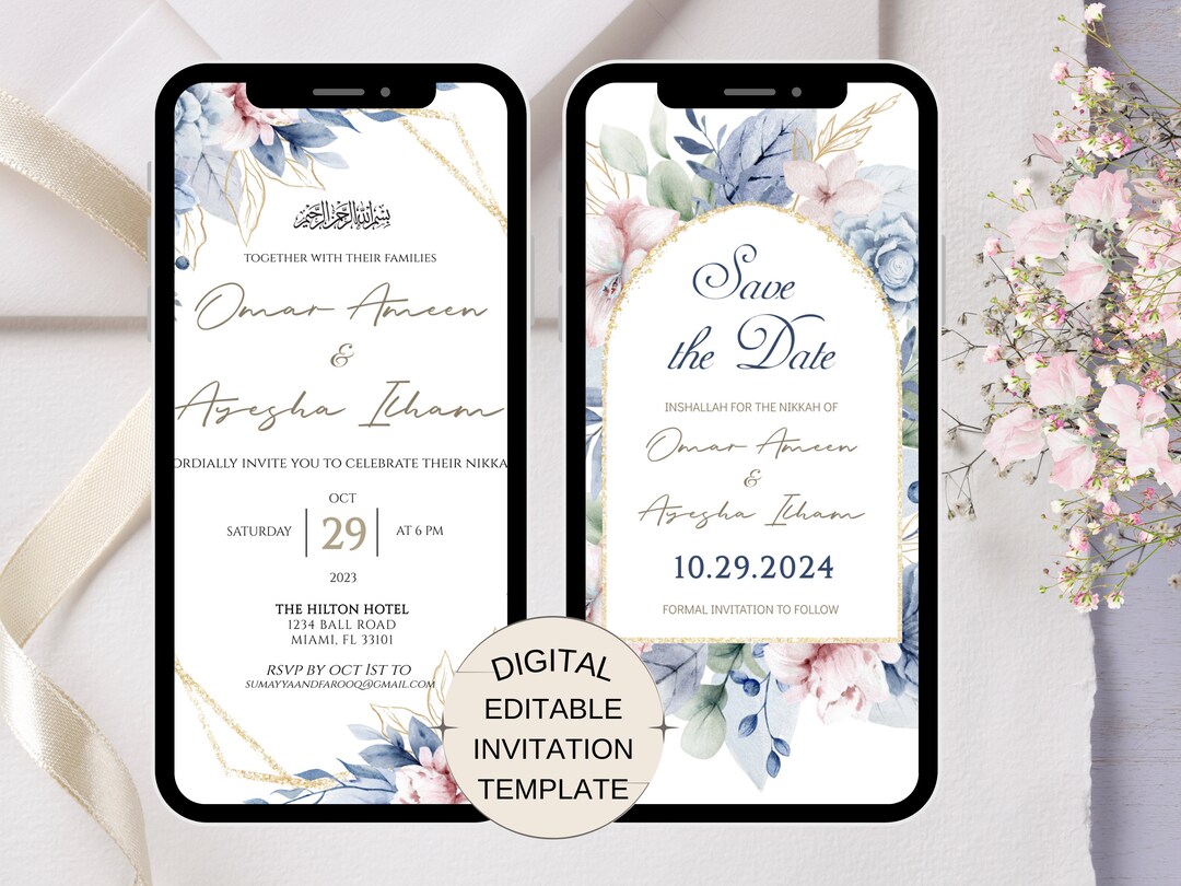 Dusty Blue Shaadi Mubarak Wedding Invitation, E Invitation Card, Floral ...