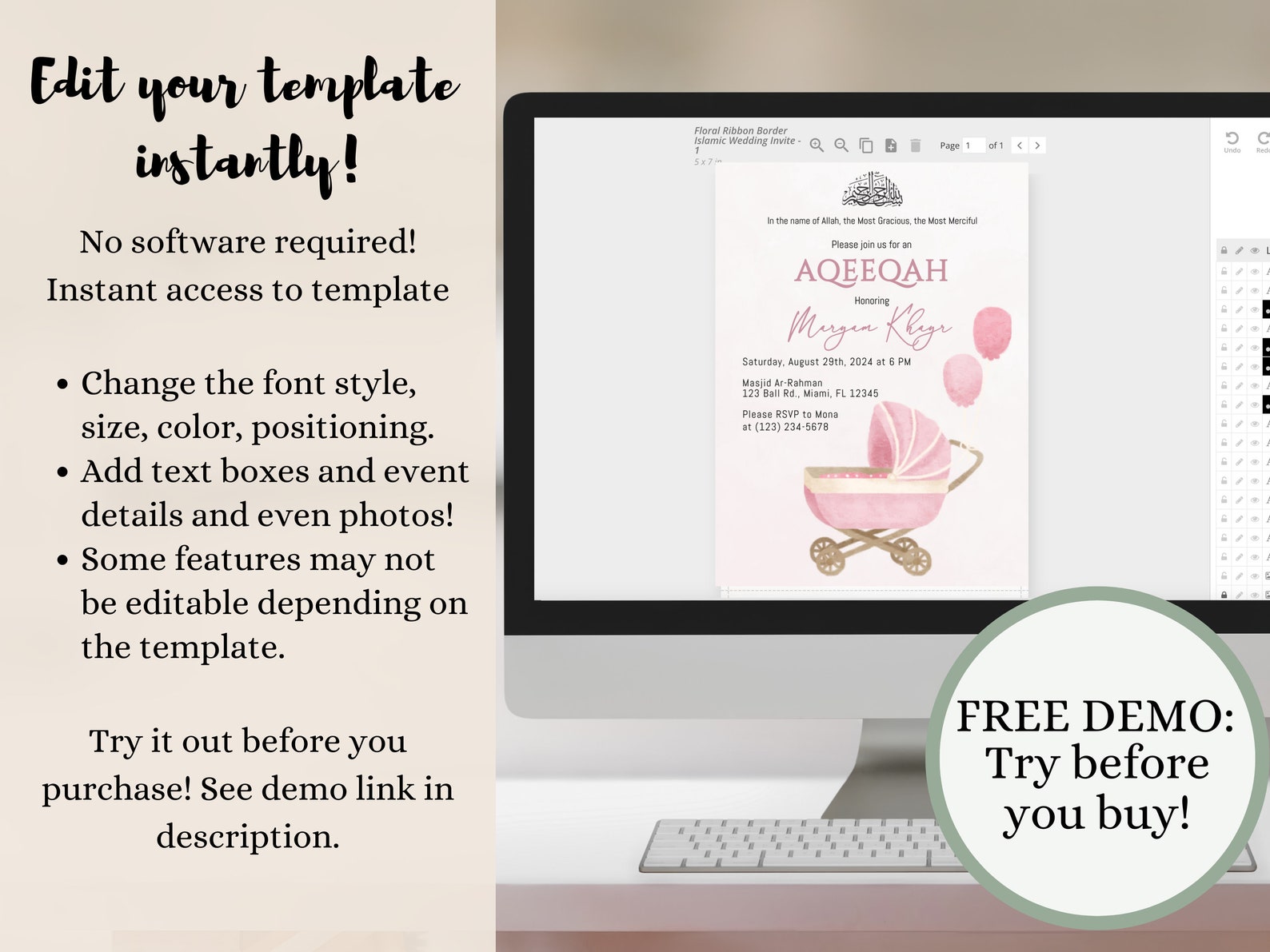 Baby Girl Aqeeqah Invitation, Muslim Baby Shower Evite Islamic Baby ...